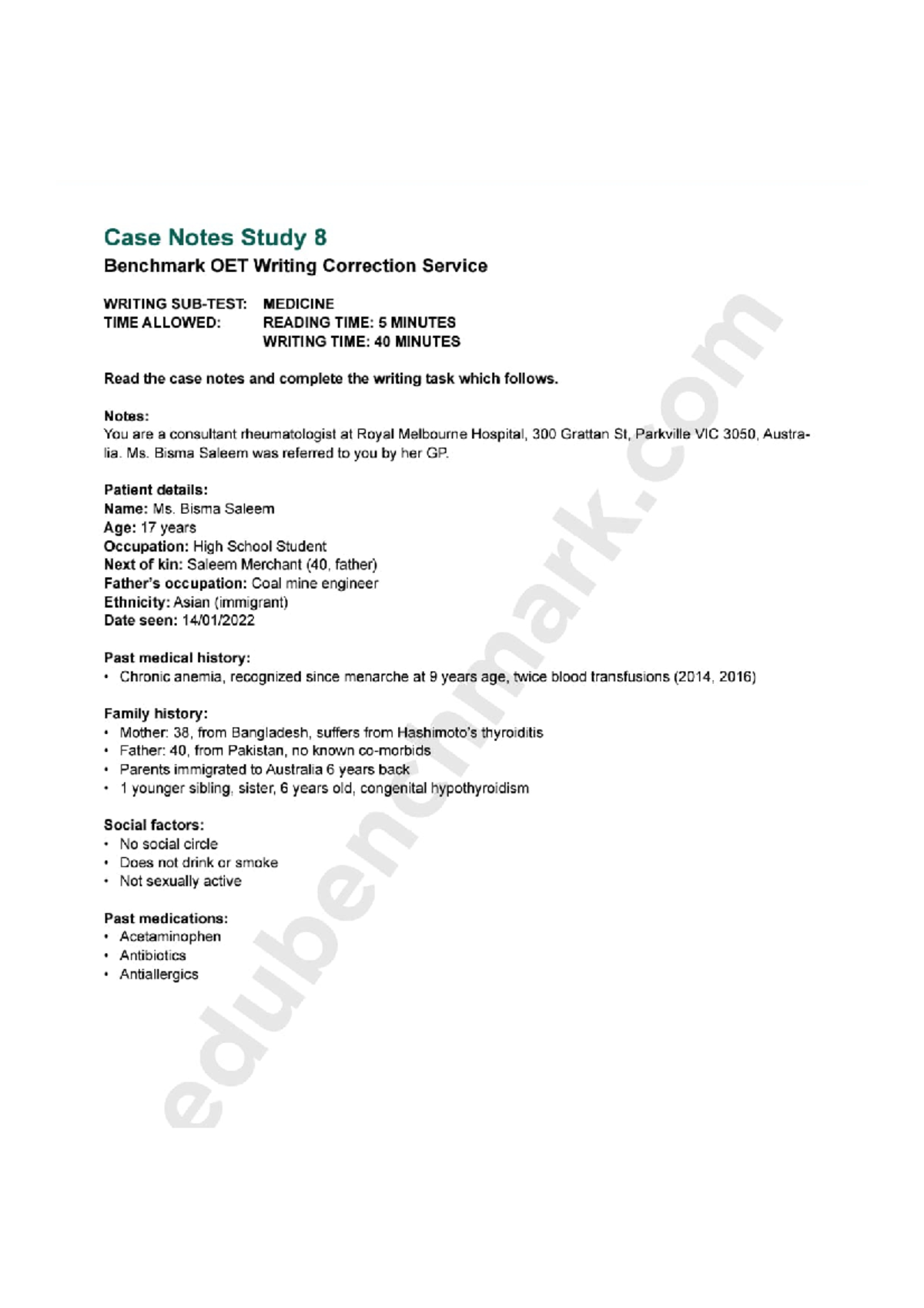 Case notes # 5 - ... - Case Notes Study 8 Benchmark OET Writing ...