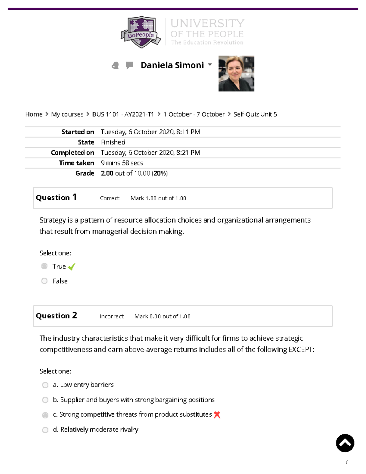 202010 06 1 Self Quiz Unit 5 Attempt Review Started On Tuesday 6 October 2020 8 11 Pm