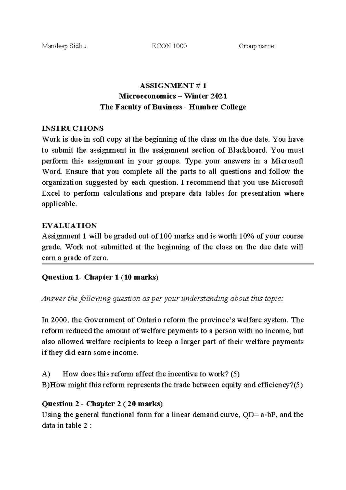 Microeconomics Assignment 1 - ECON 1000 Winter 2021 - Mandeep Sidhu ...