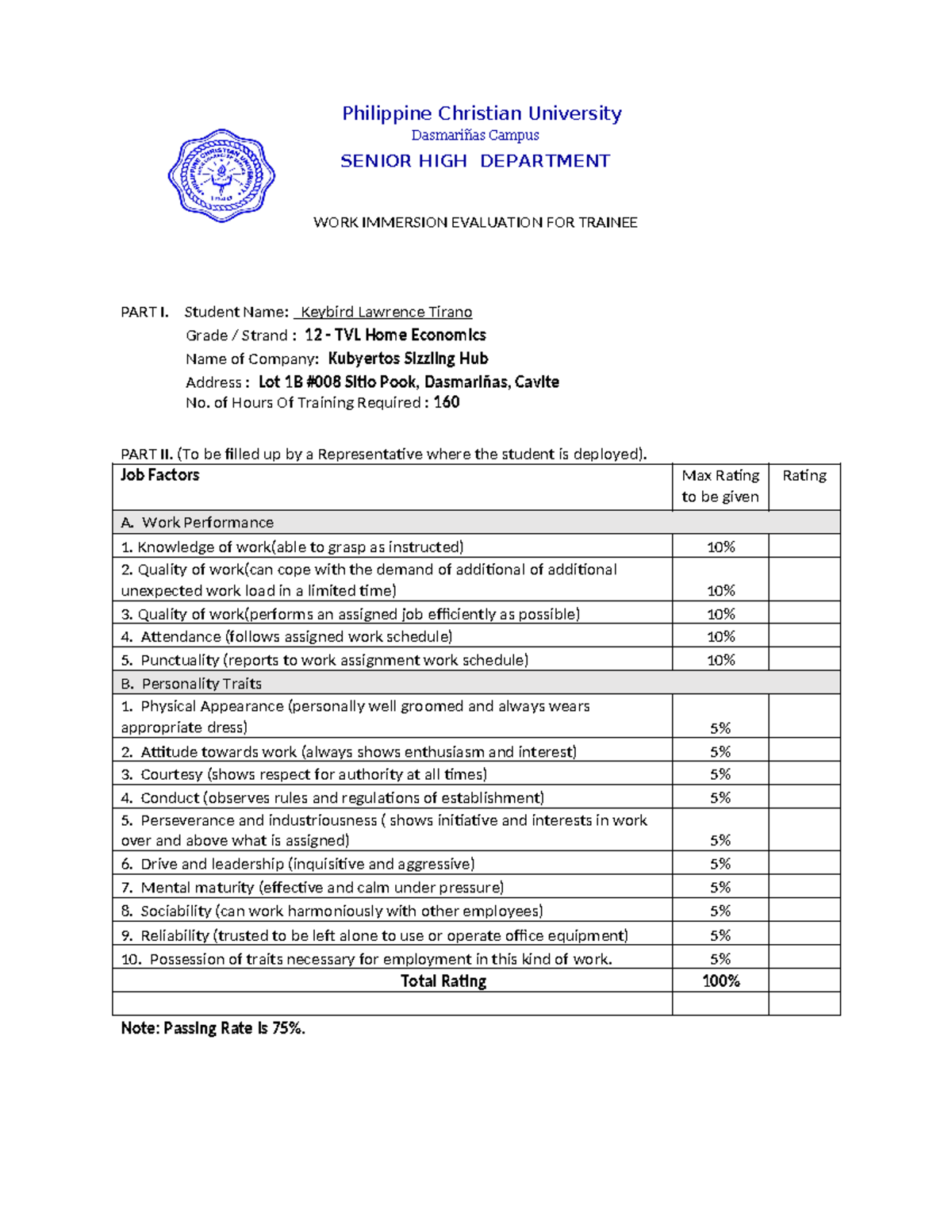 SHS WORK Immersion Evaluation 2 - Philippine Christian University ...