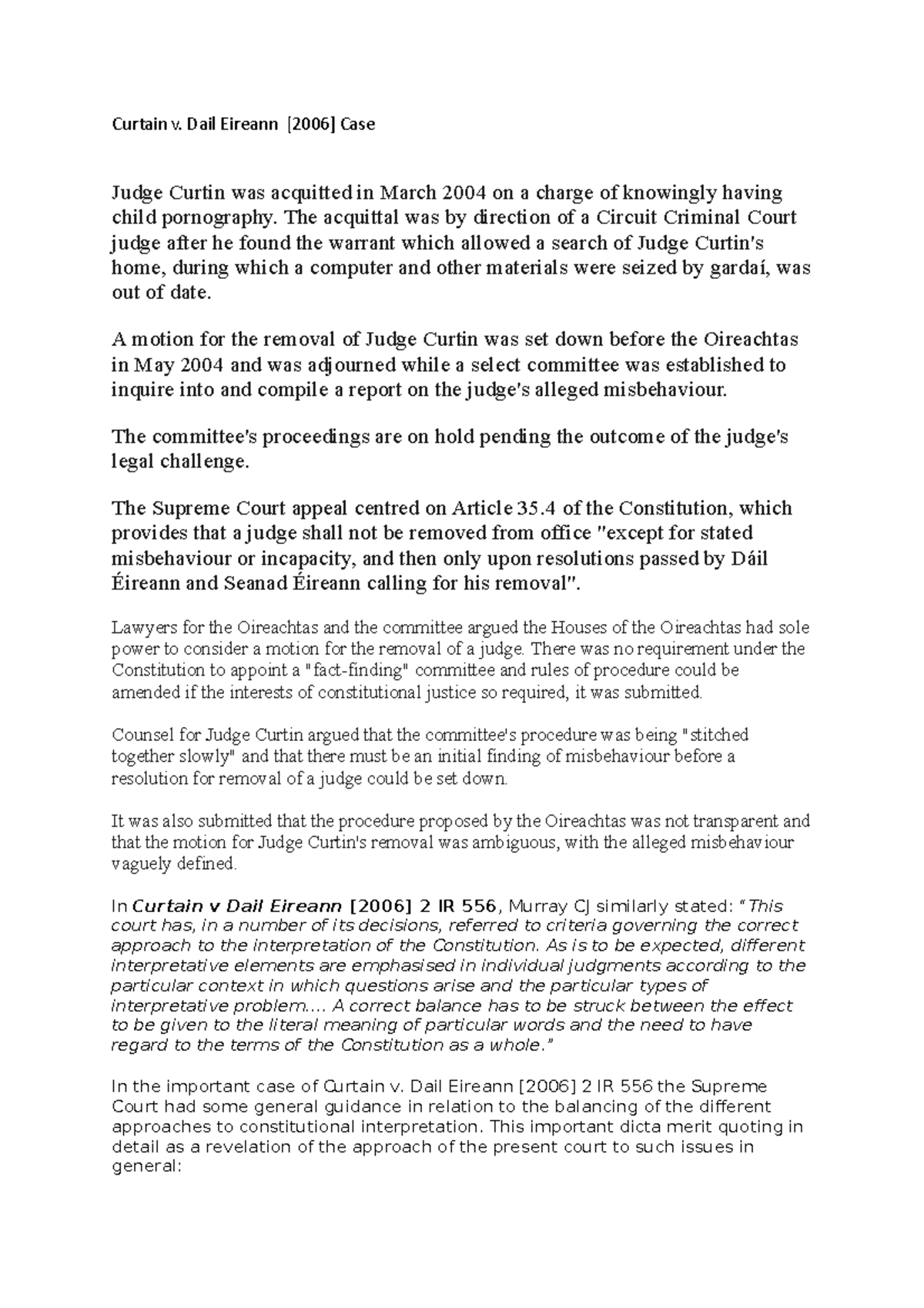 Curtain v - Cases - Curtain v. Dail Eireann [2006] Case Judge Curtin ...