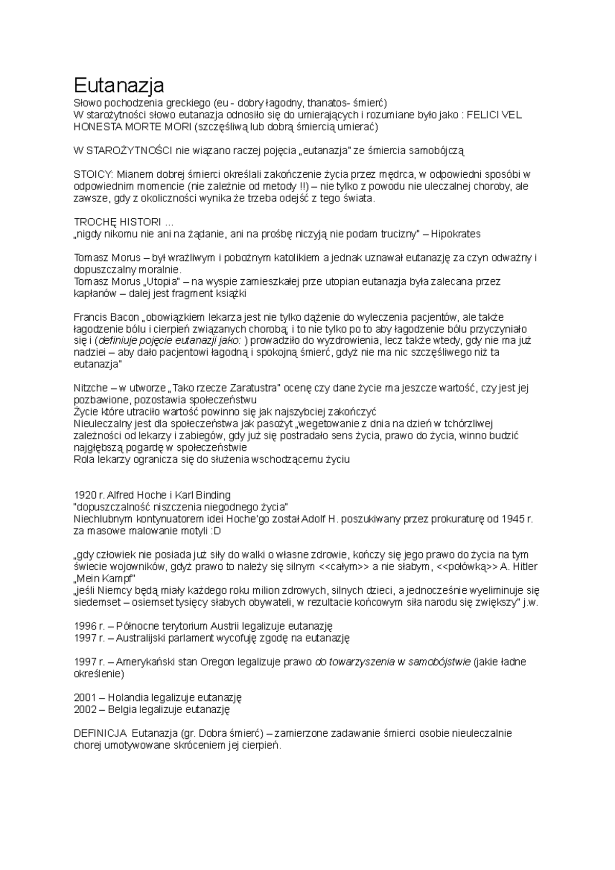 Eutanazja - Notatki z wykładu 9 - Eutanazja Słowo pochodzenia greckiego ...