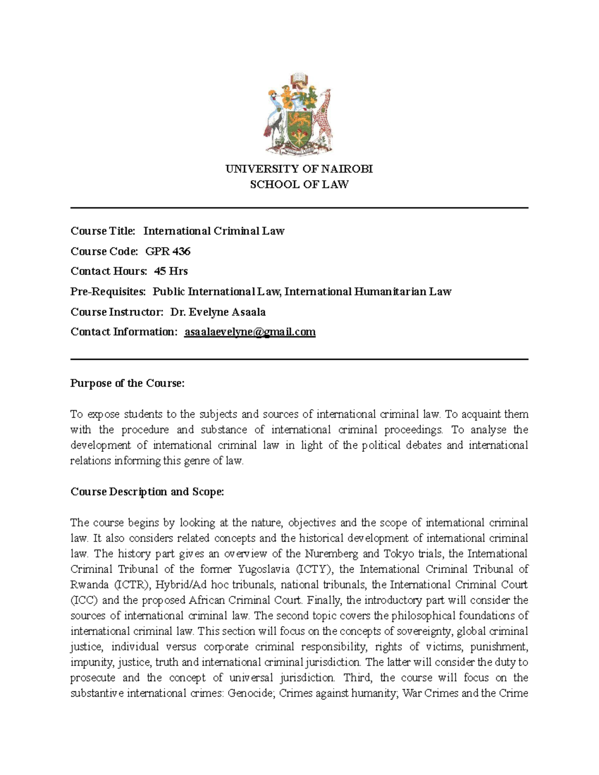 Icl Course outline - UNIVERSITY OF NAIROBI SCHOOL OF LAW Course Title ...