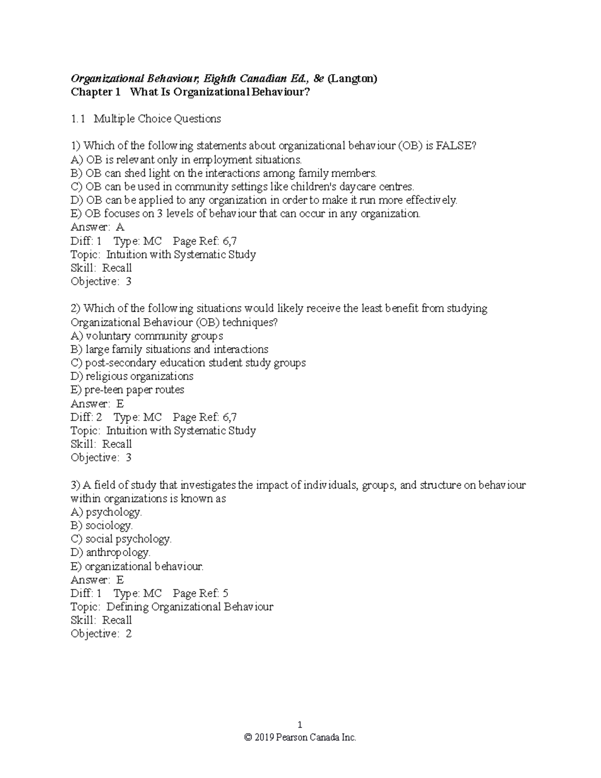 01 lang OB 8e tb ch01 - Organizational Behaviour, Eighth Canadian Ed., 8e (Langton) Chapter 1 ...