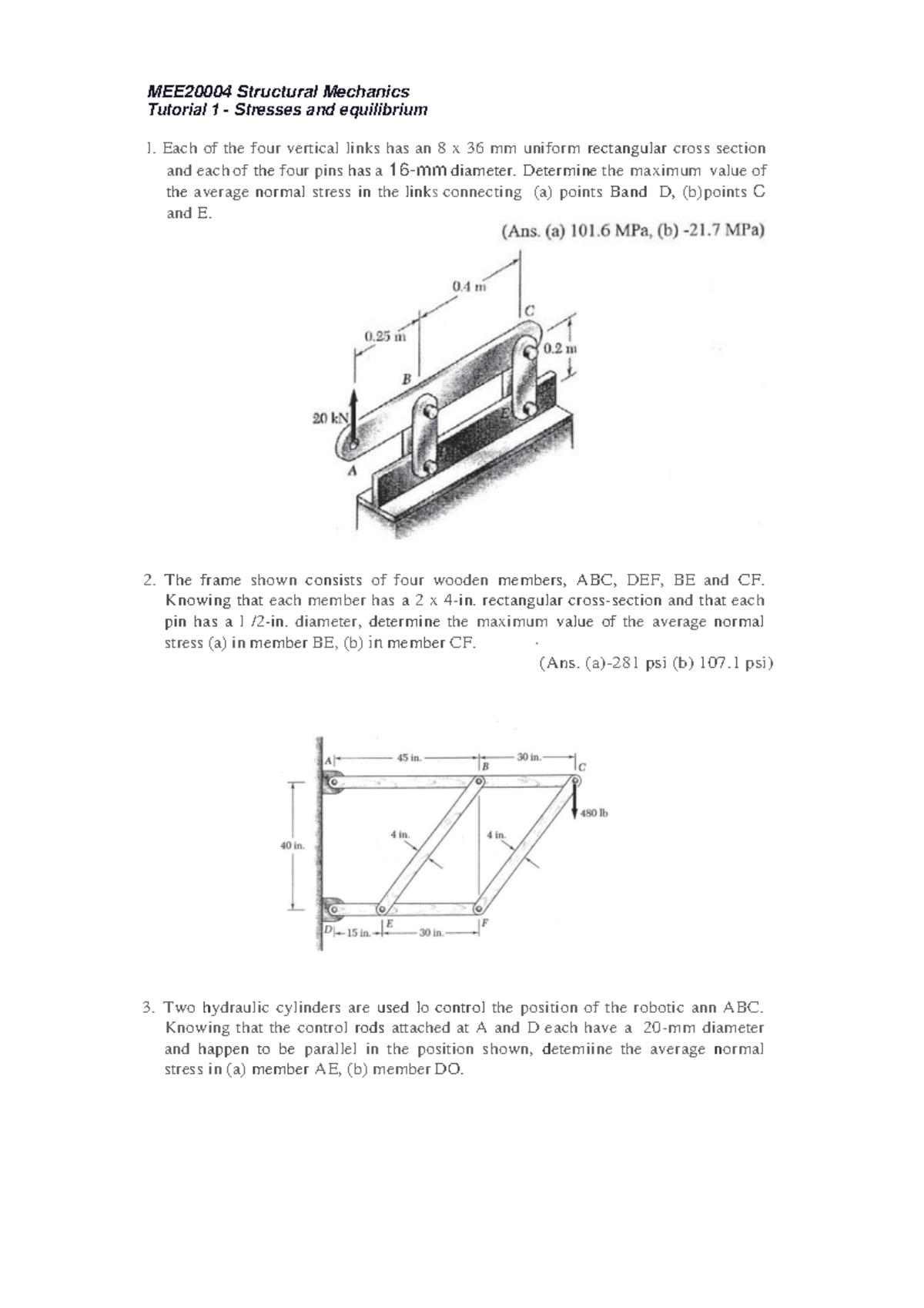 Tutorial 1 Concept of Stress - MEE20004 Structural Mechanics Tutorial 1 ...