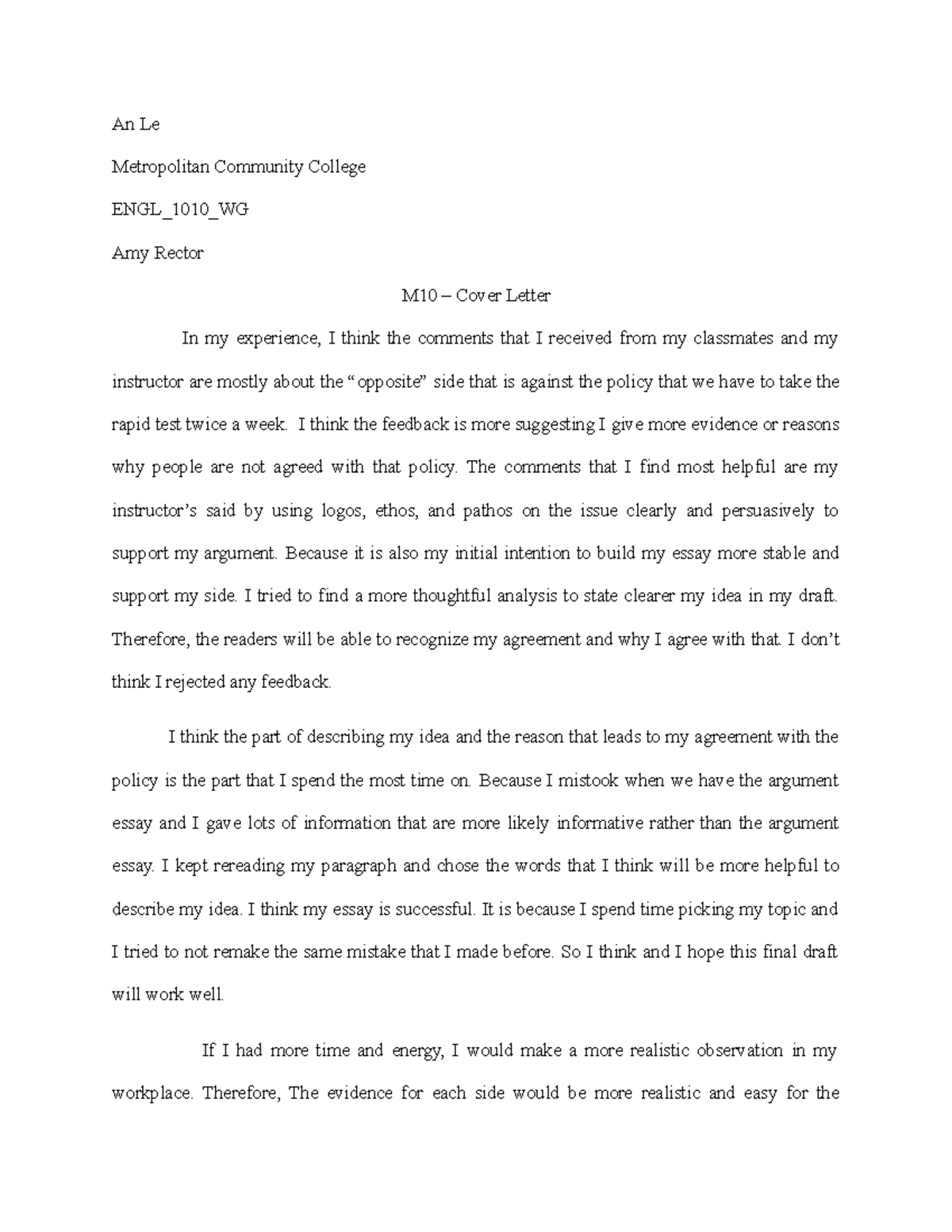 M10- Cover Letter - ECEN 103 - An Le Metropolitan Community College ...