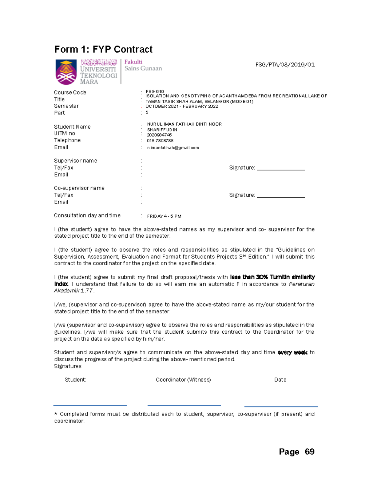 FYP Contract FORM - Page 69 Form 1: FYP Contract FSG/PTA/08/2019 ...