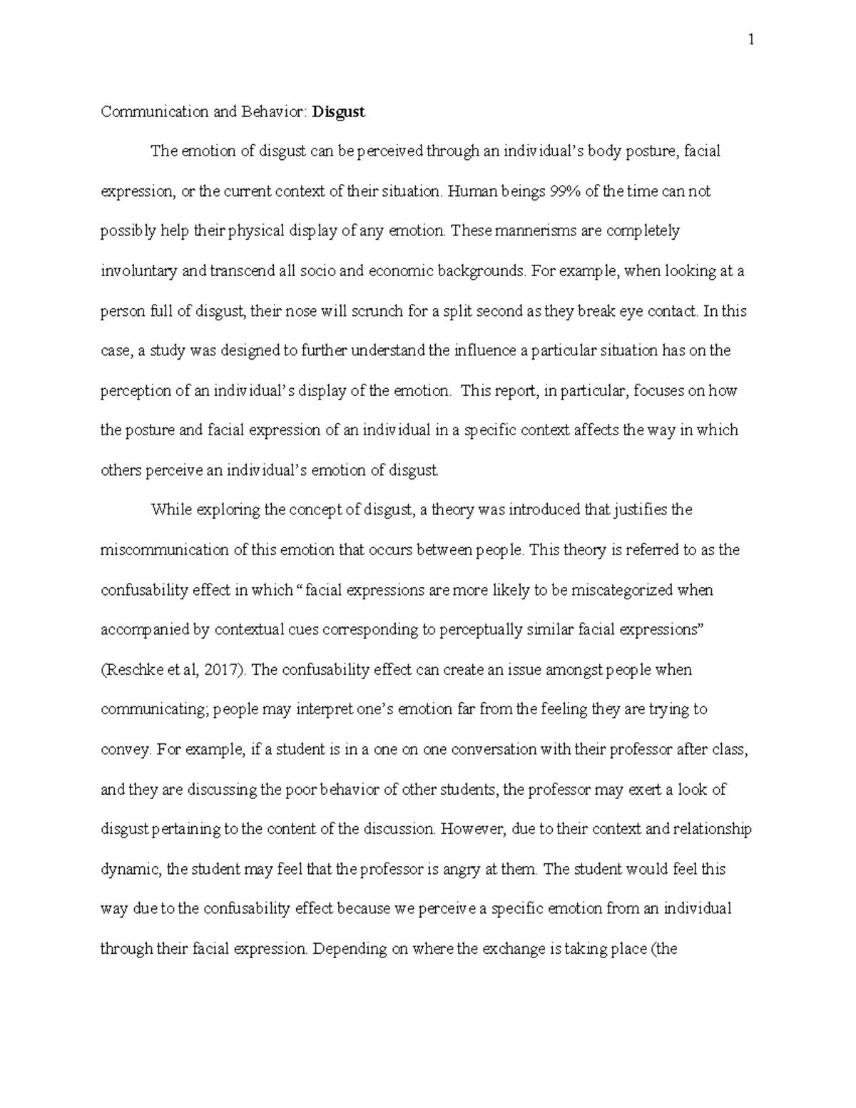 Final paper (disgust) - 1 Communication and Behavior: Disgust The ...