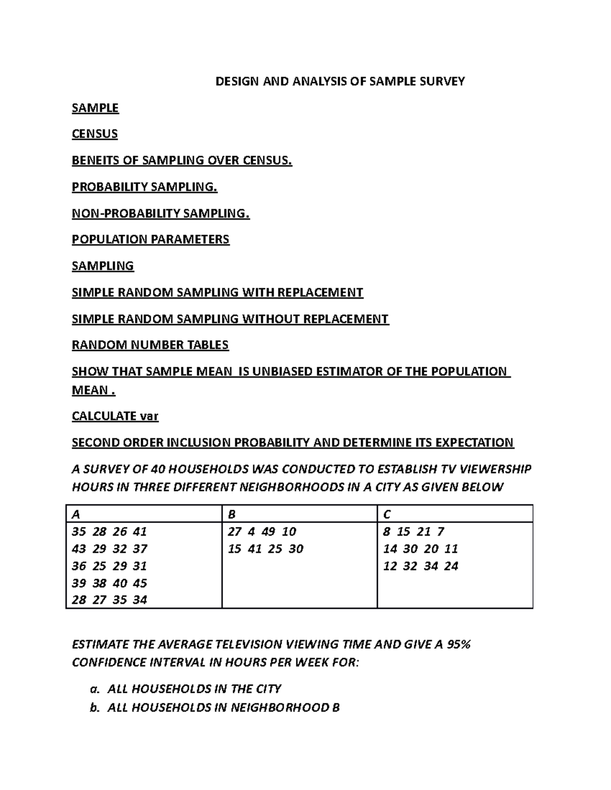 Design AND Analysis OF Sample Survey - DESIGN AND ANALYSIS OF SAMPLE ...