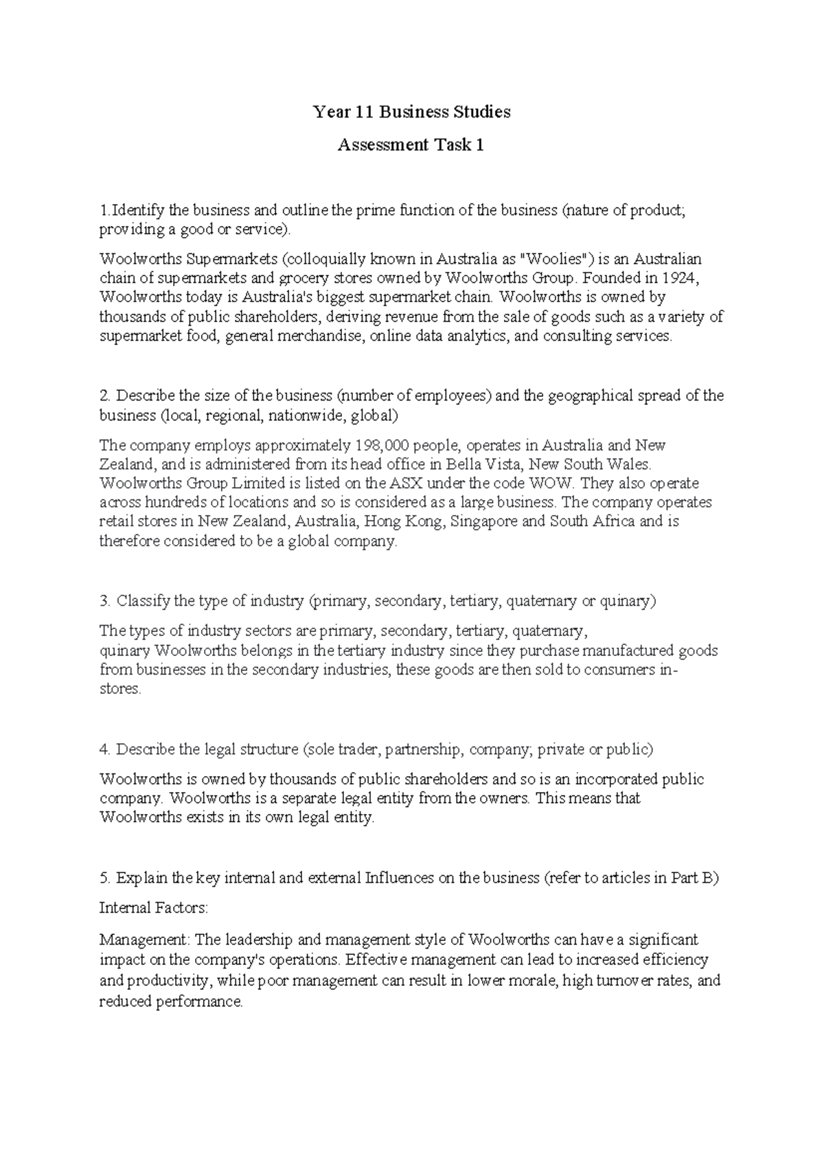 Year 11 Business Studies - Year 11 Business Studies Assessment Task 1 1 ...