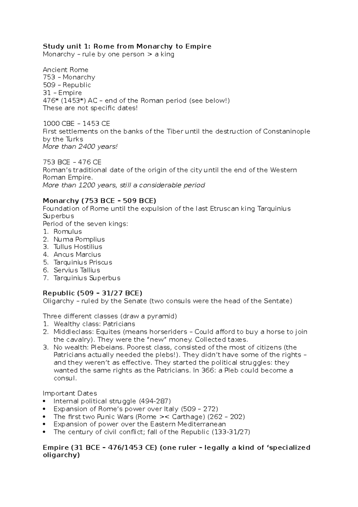 Notes Roman History - Study unit 1: Rome from Monarchy to Empire ...