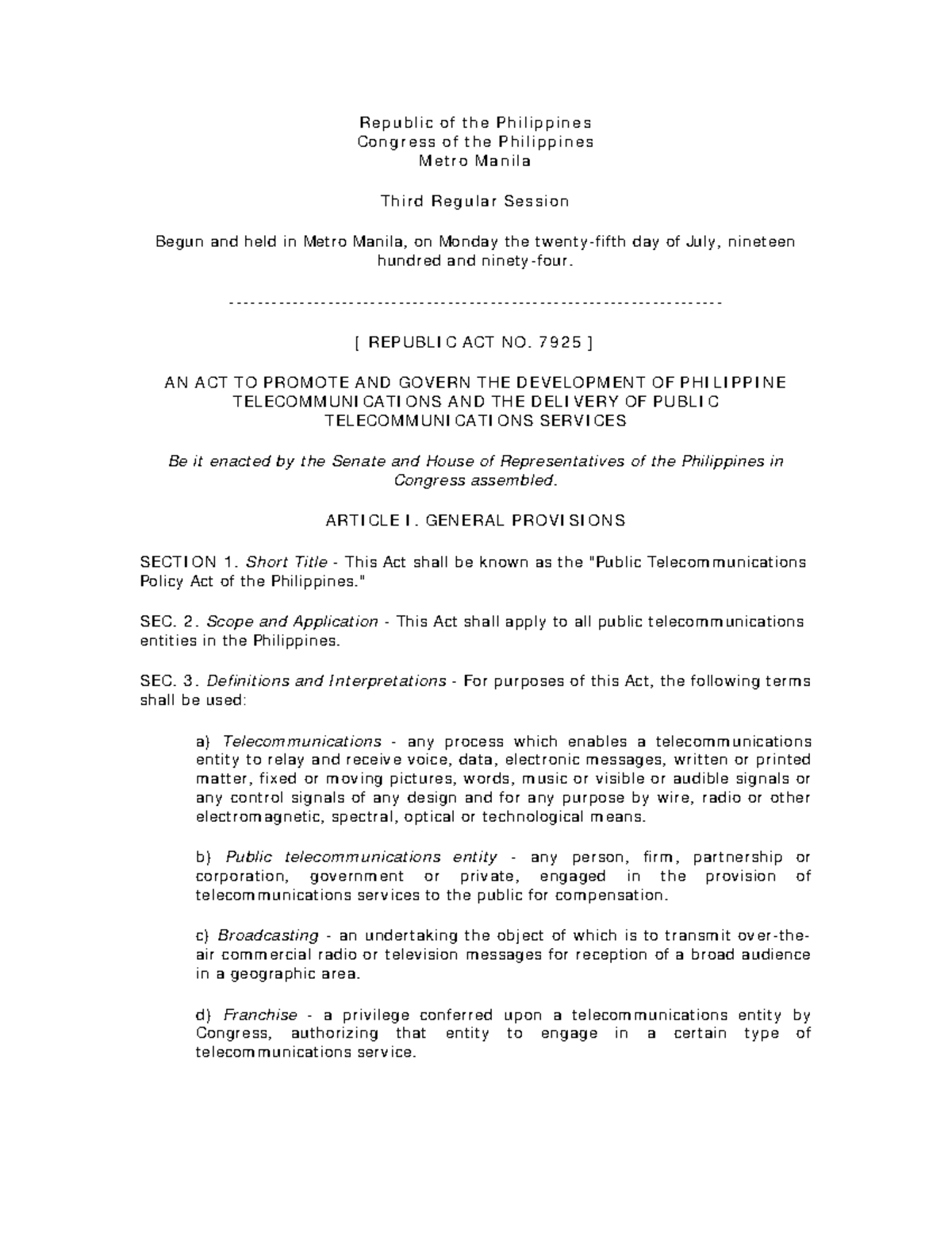 RA-7925 Public Telecommunications Policy Acto of the Philippines ...