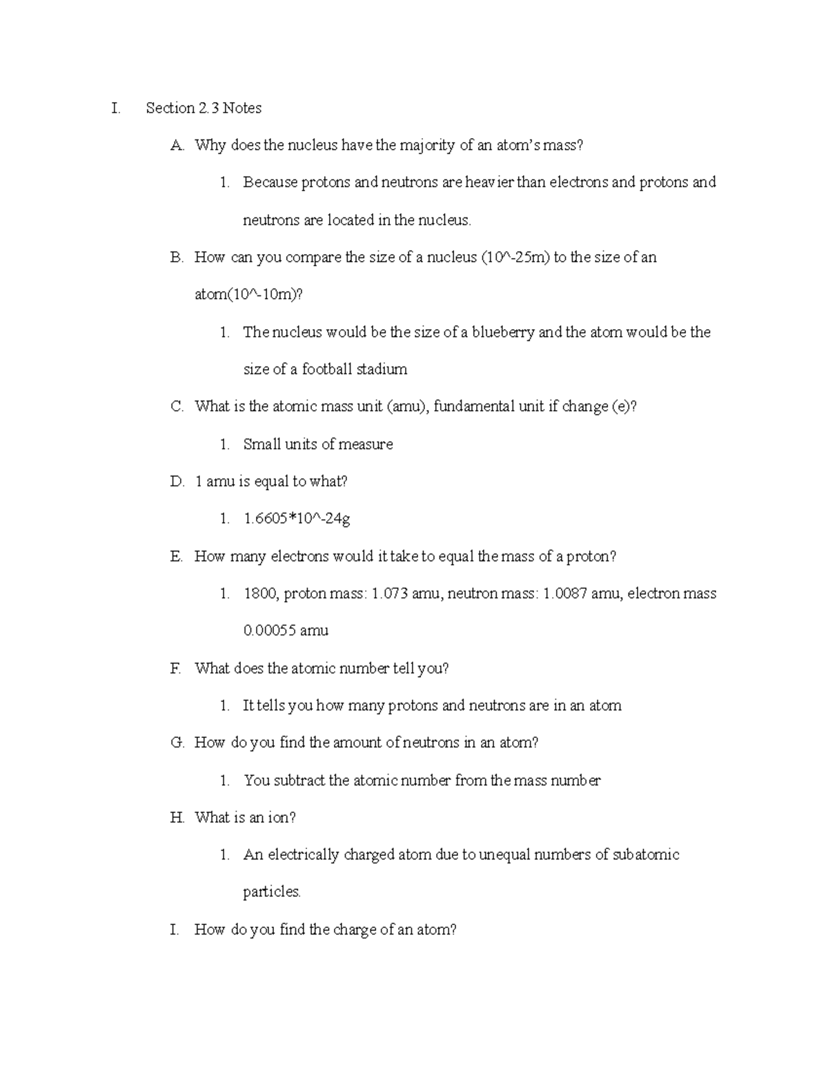 CHM section 2.3 Notes Atomic Structure and symbolism - I. Section 2 ...