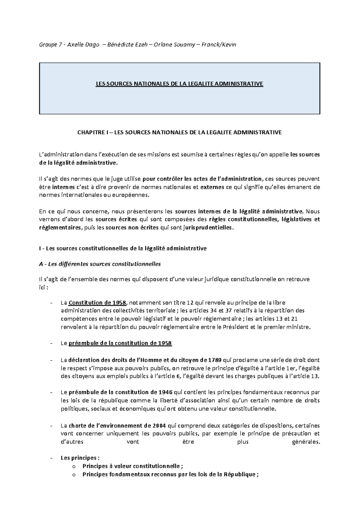 LES Sources Internes DE LA Legalite Administrative - Groupe 7 - Axelle ...