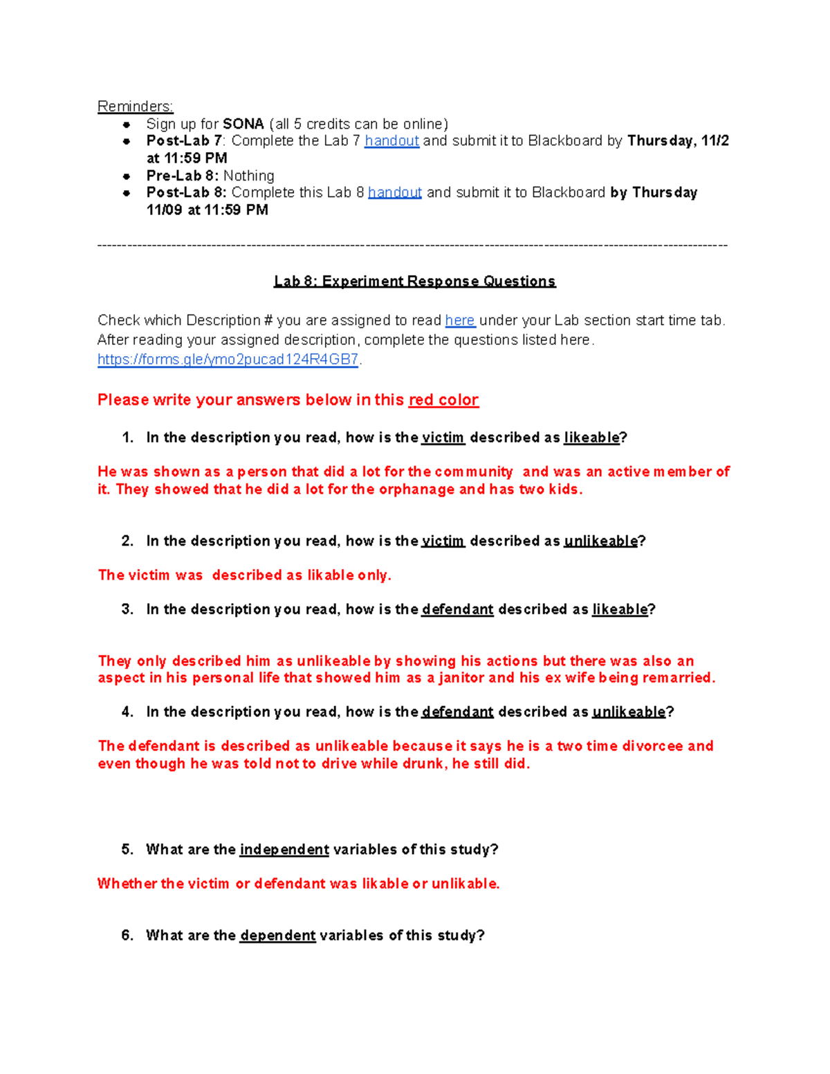 Lab 8 Handout - Lab 8 - Reminders: Sign up for SONA (all 5 credits can ...