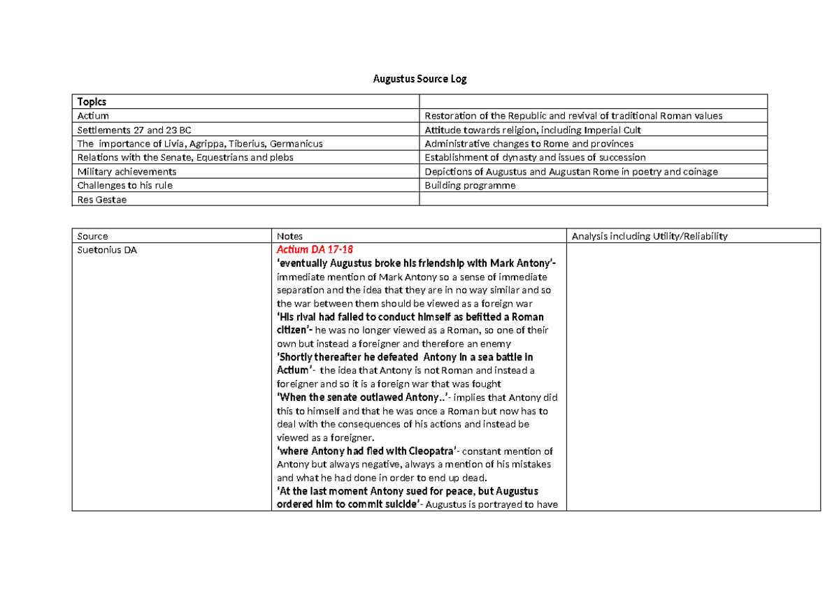 Augustus Source Log - lecture notes - Augustus Source Log Topics Actium ...