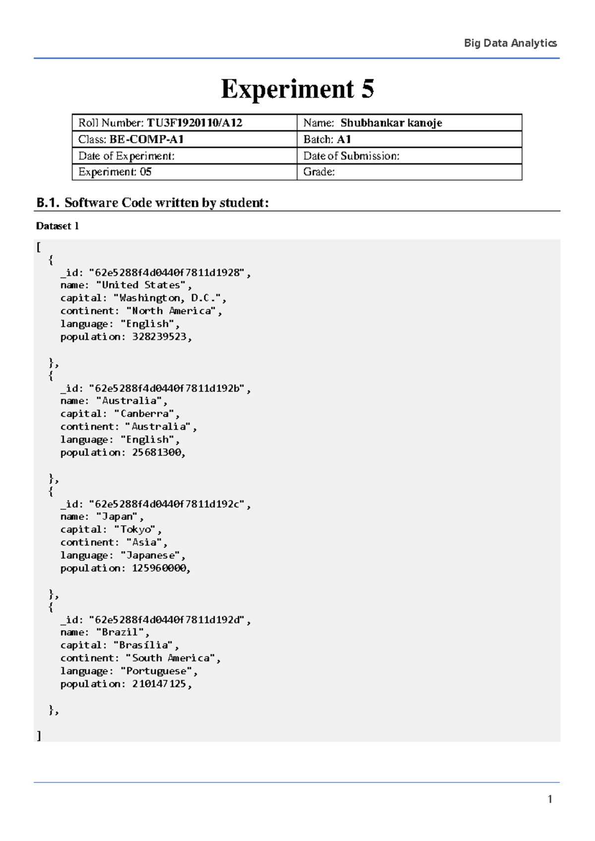 BDA Experiment 5 - A12 - bda practical - [ { _id: "62e5288f4d0440f7811d1928", name: - Studocu