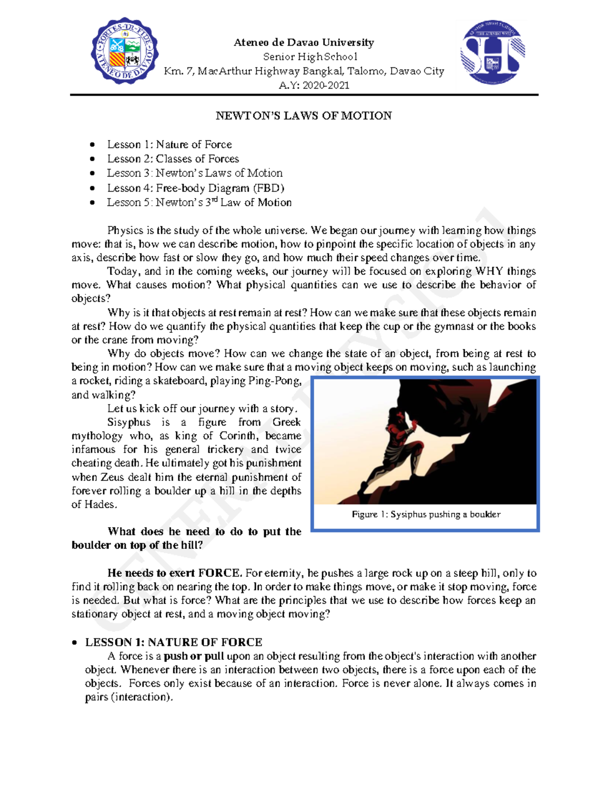 Lecture Notes - Introduction to Newtons Laws of Motion - Senior High ...