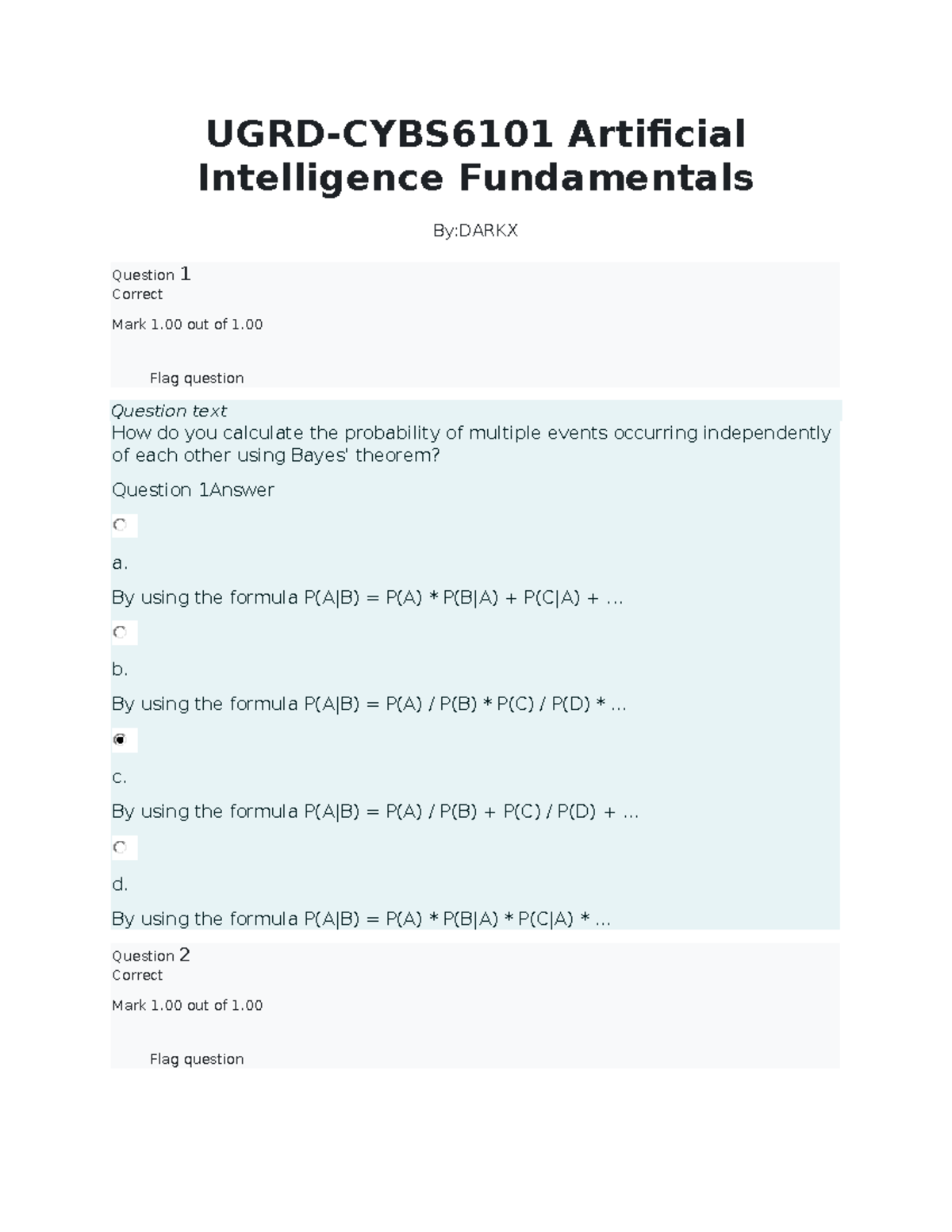 UGRD CYBS6101 Artificial Intelligence Fundamentals Midterm Quizess - UGRD-CYBS6101 Artificial ...