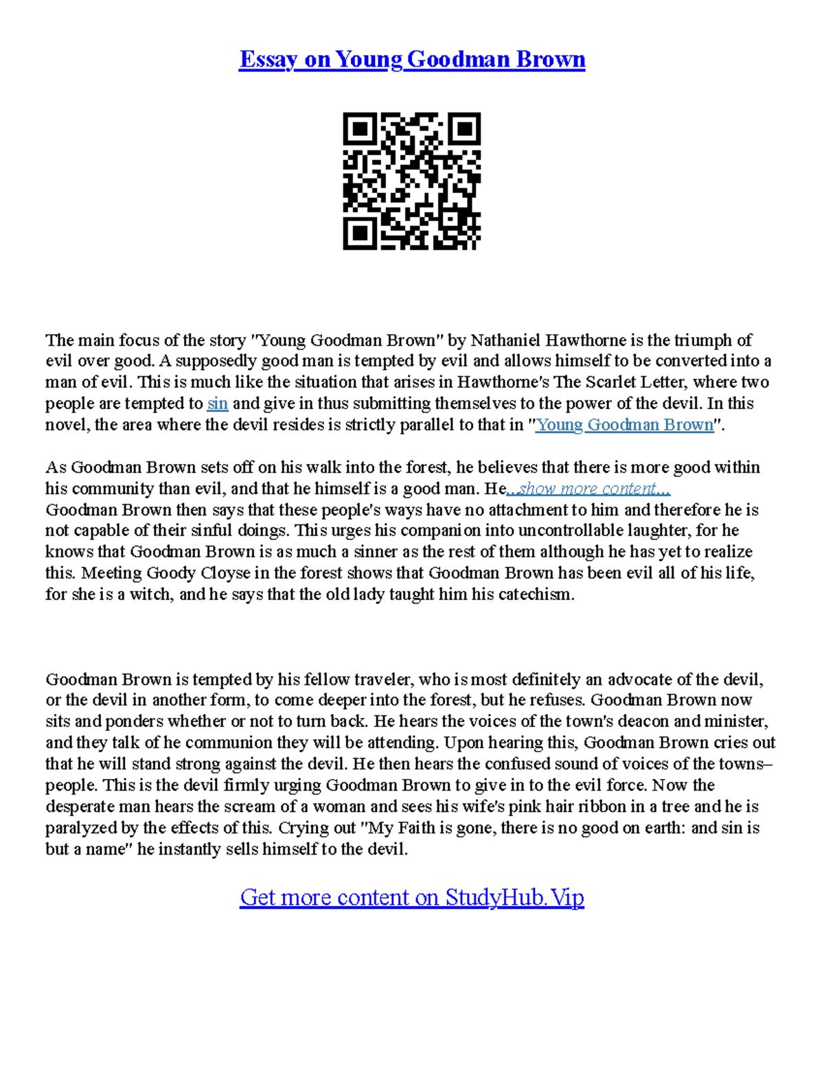 Young Goodman Brown Essay - Essay on Young Goodman Brown The main focus ...