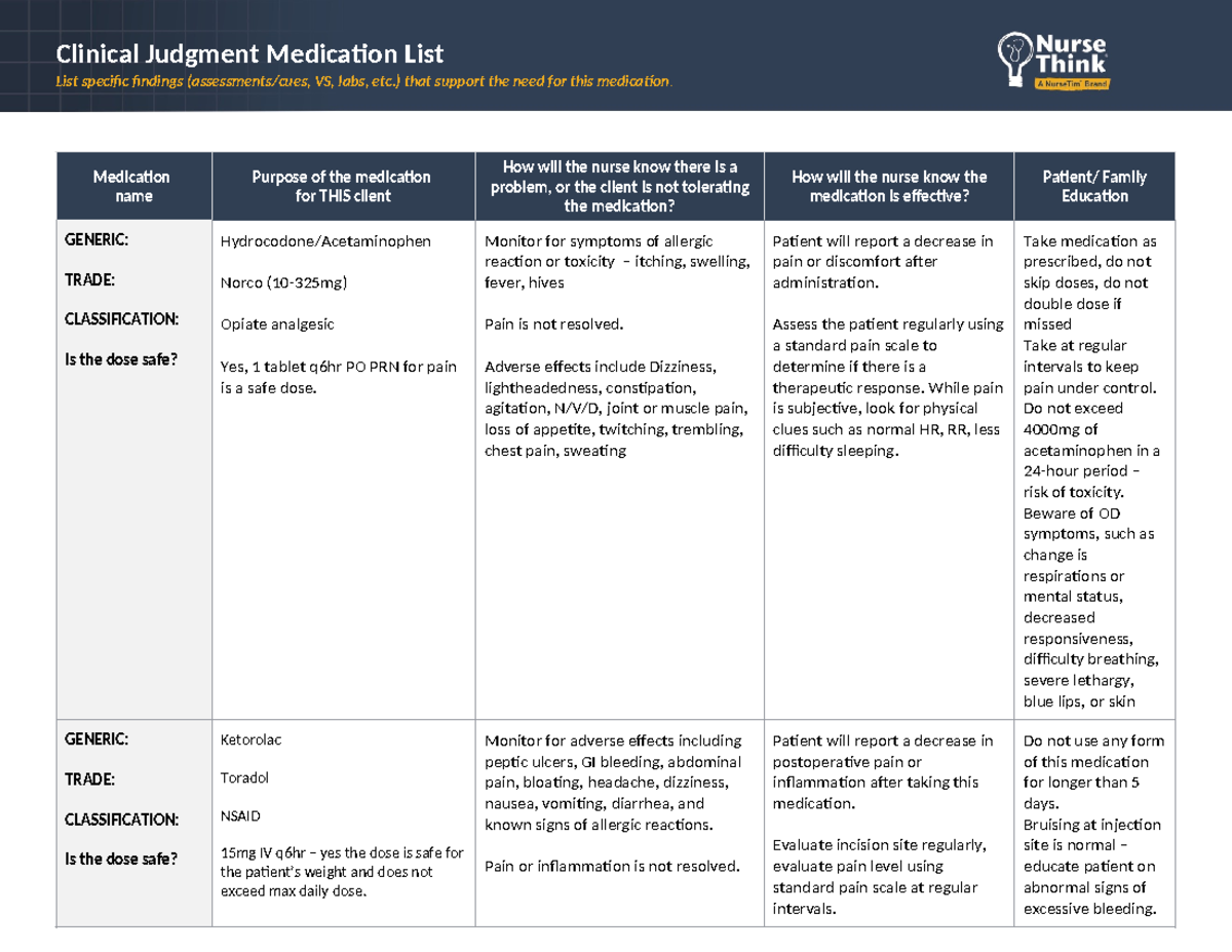 S1 med list 1 - medication list - Clinical Judgment Medication List ...