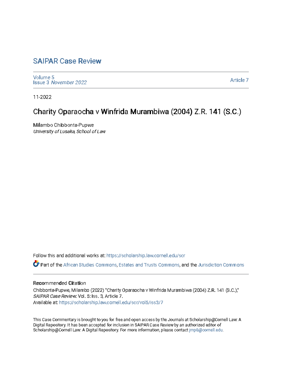 Charity Oparaocha v Winfrida Murambiwa (2004 ) Z.R. 141 (S.C.) - SAIPAR ...