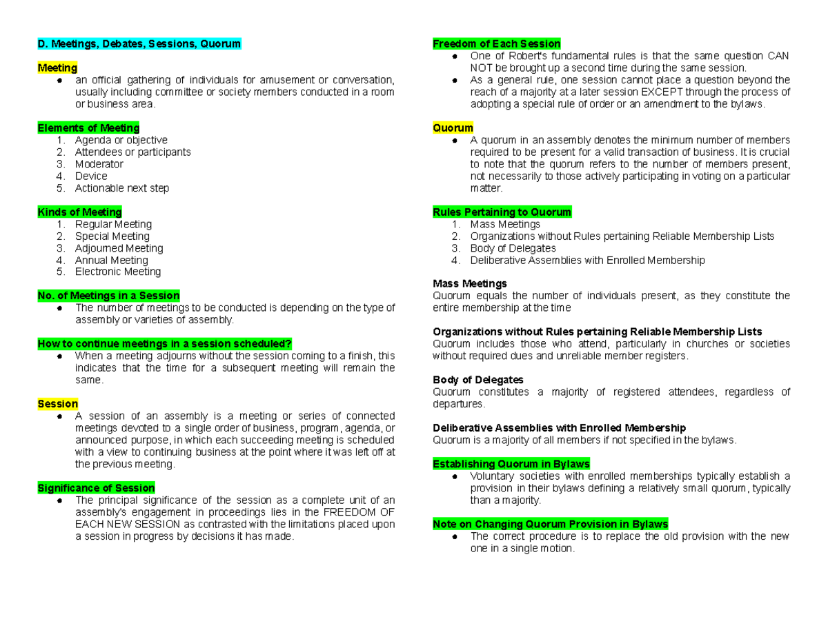 Reviewer D - reviewwrs - D. Meetings, Debates, Sessions, Quorum Meeting ...