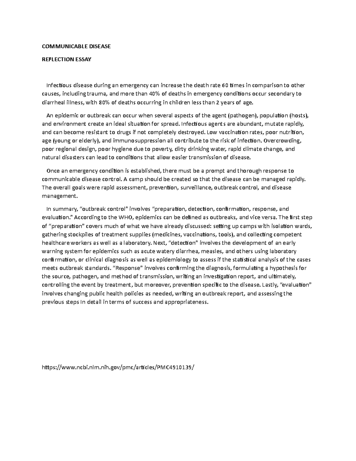 CD - Medsurg - COMMUNICABLE DISEASE REFLECTION ESSAY Infectious disease ...