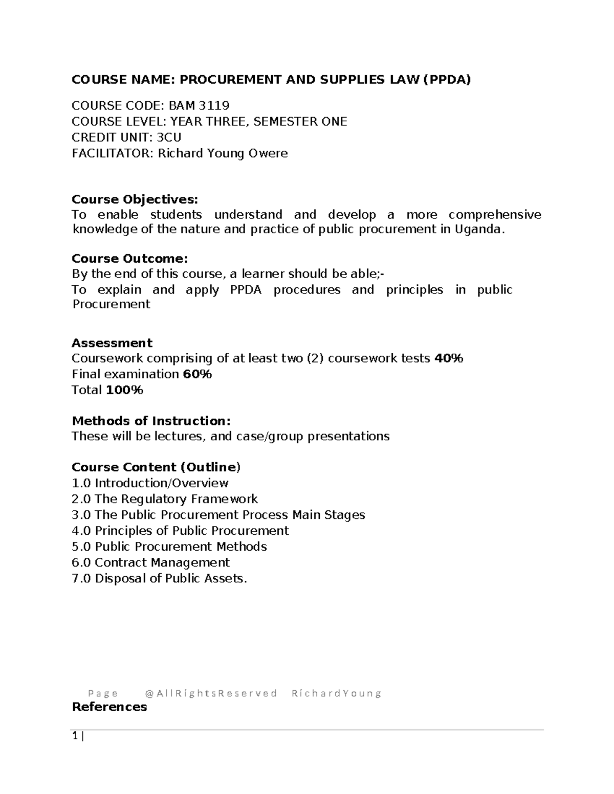 Public PROC PPDA- Notes - COURSE NAME: PROCUREMENT AND SUPPLIES LAW ...