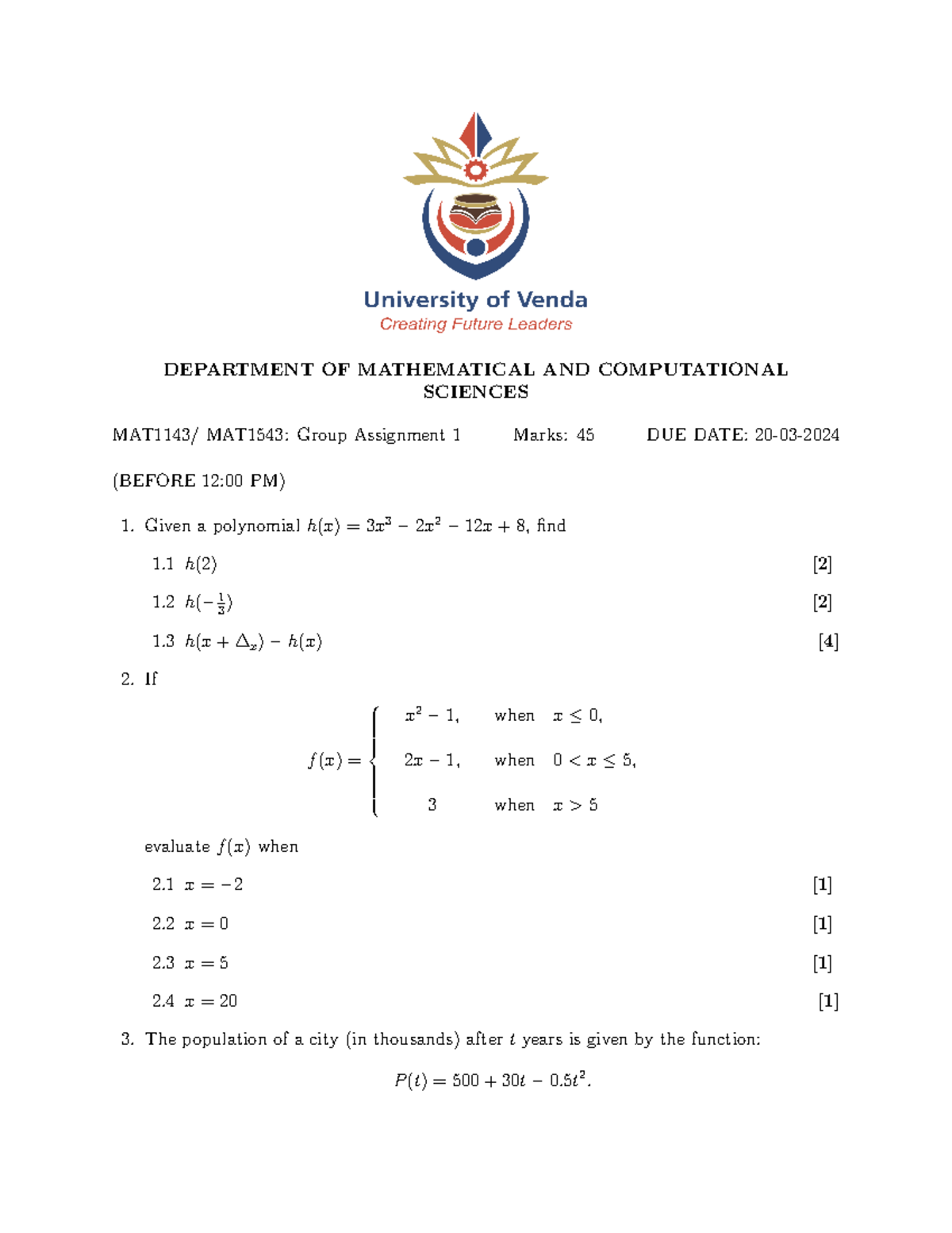 MAT 1143 Assignment 01-1 - DEPARTMENT OF MATHEMATICAL AND COMPUTATIONAL SCIENCES MAT1143 ...