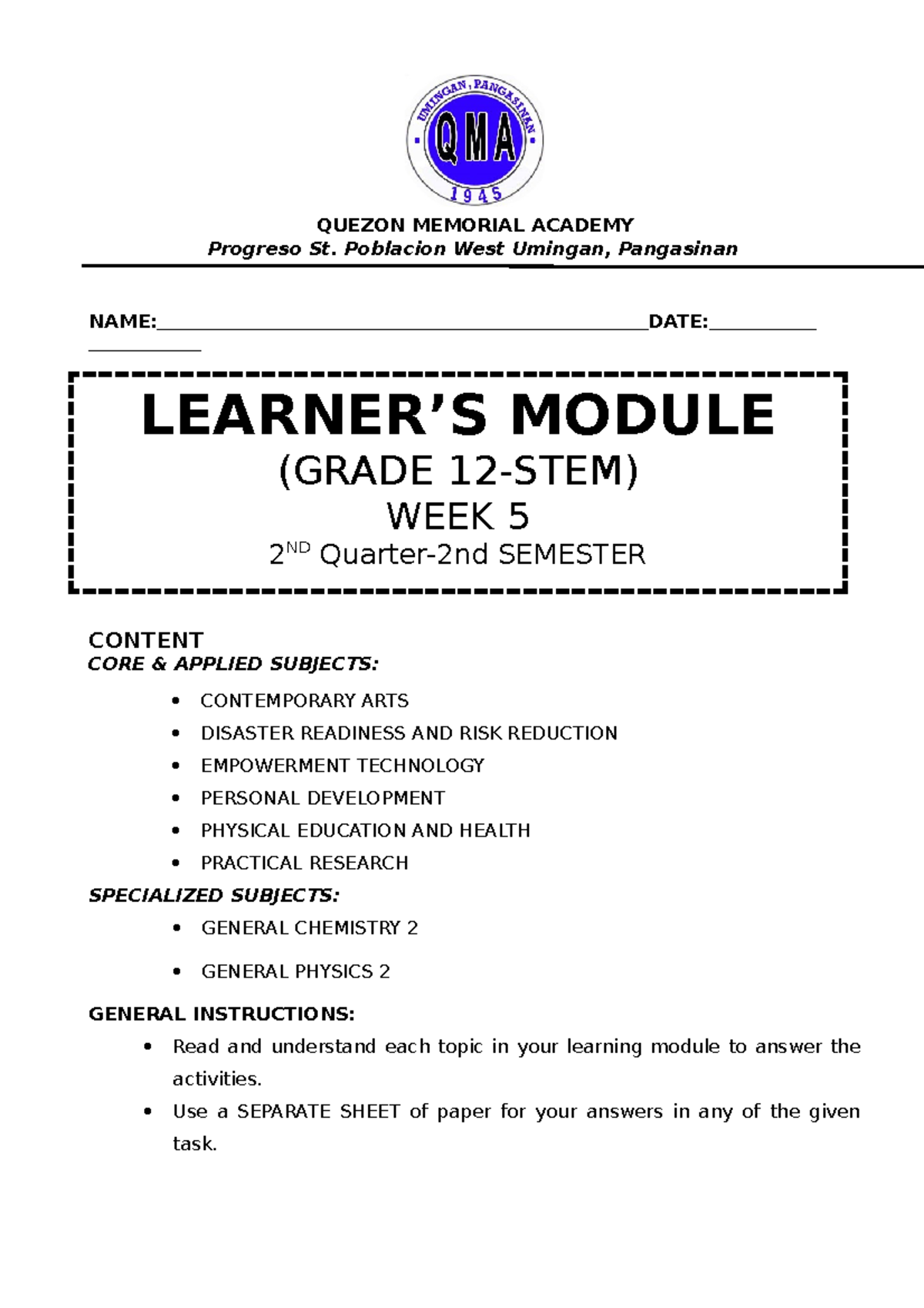 Learners Module Grade 12 STEM - QUEZON MEMORIAL ACADEMY Progreso St ...