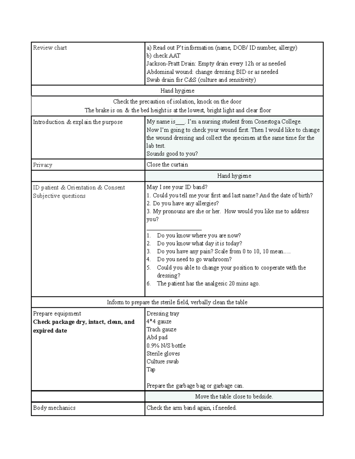Wound care (20mins) - Demonstration - Review chart a) Read out P’t ...