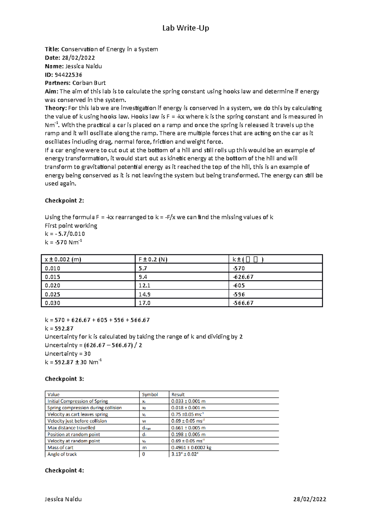 1st physics lab write up - Title: Conservation of Energy in a System ...