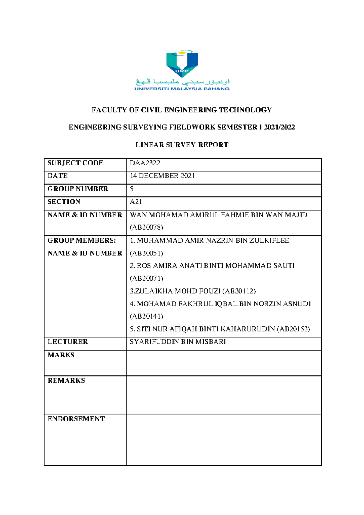 A21 Group 5 Linear Survey Report - FACULTY OF CIVIL ENGINEERING ...
