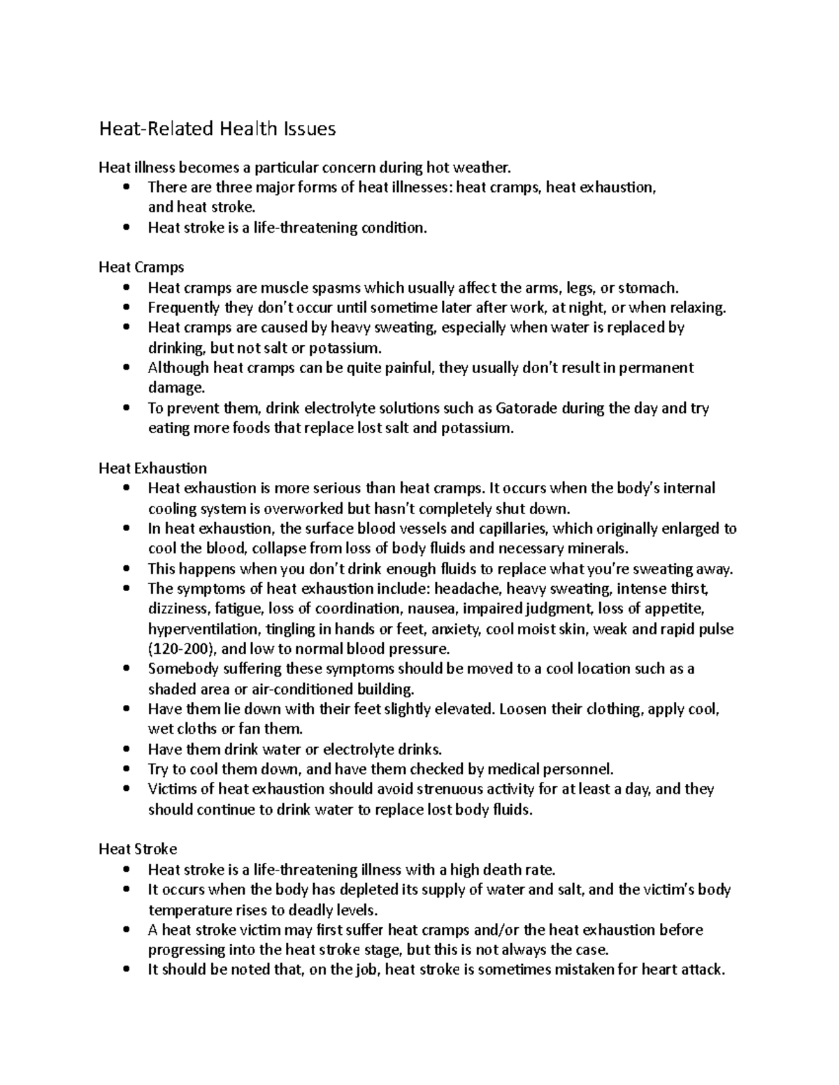 Heat - Lecture notes 1 - Heat-Related Health Issues Heat illness ...