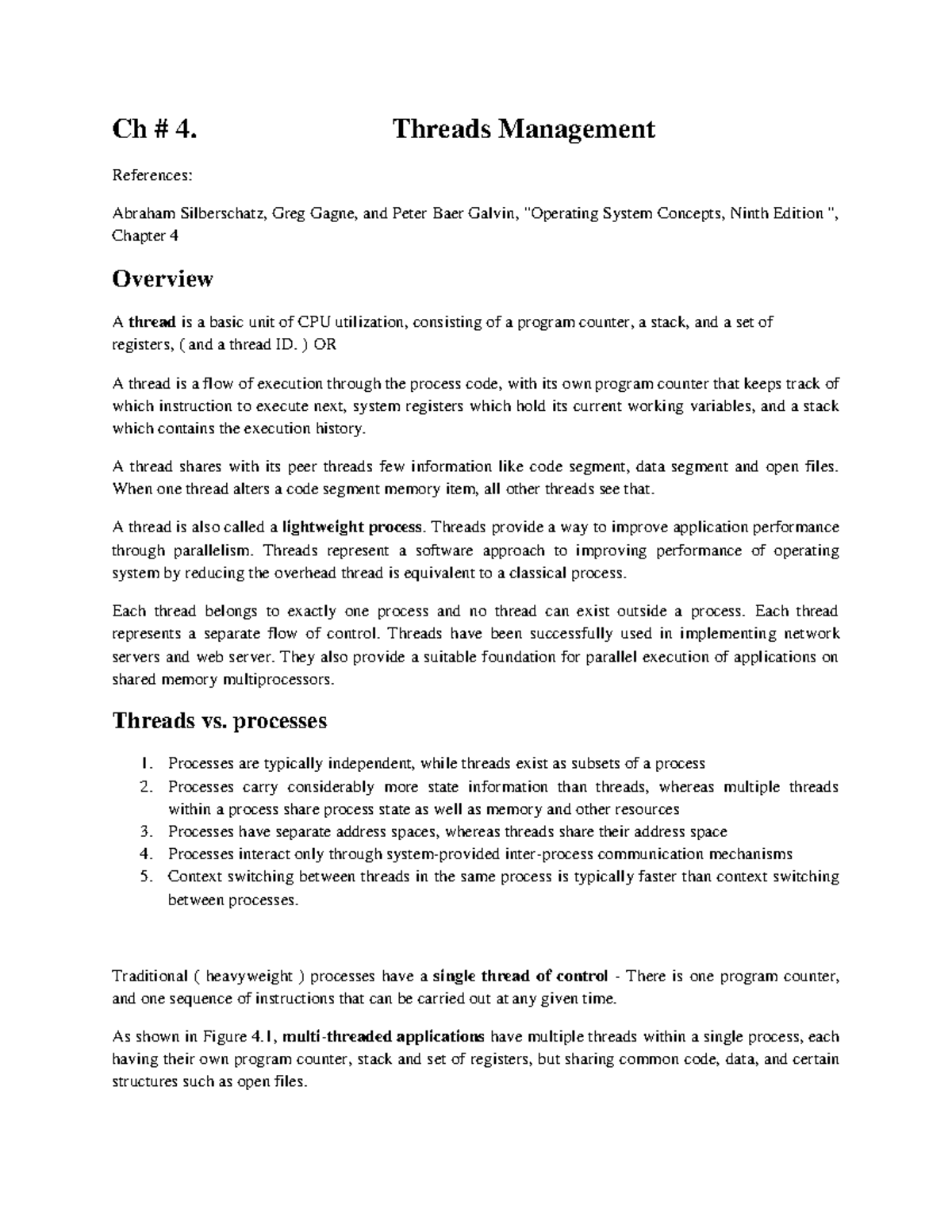 Ch 4 (Threads) - Chapter 4 - Ch # 4. Threads Management References: Abraham Silberschatz, Greg ...