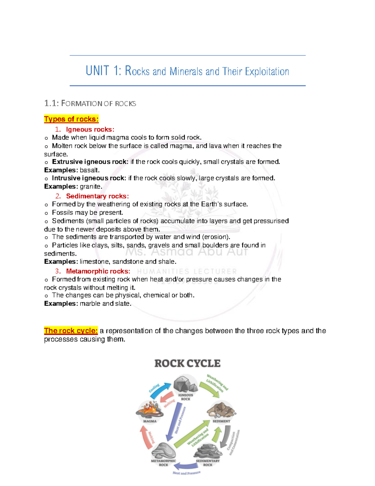 Formation of Rocks - Notes - UNIT 1: Rocks and Minerals and Their ...