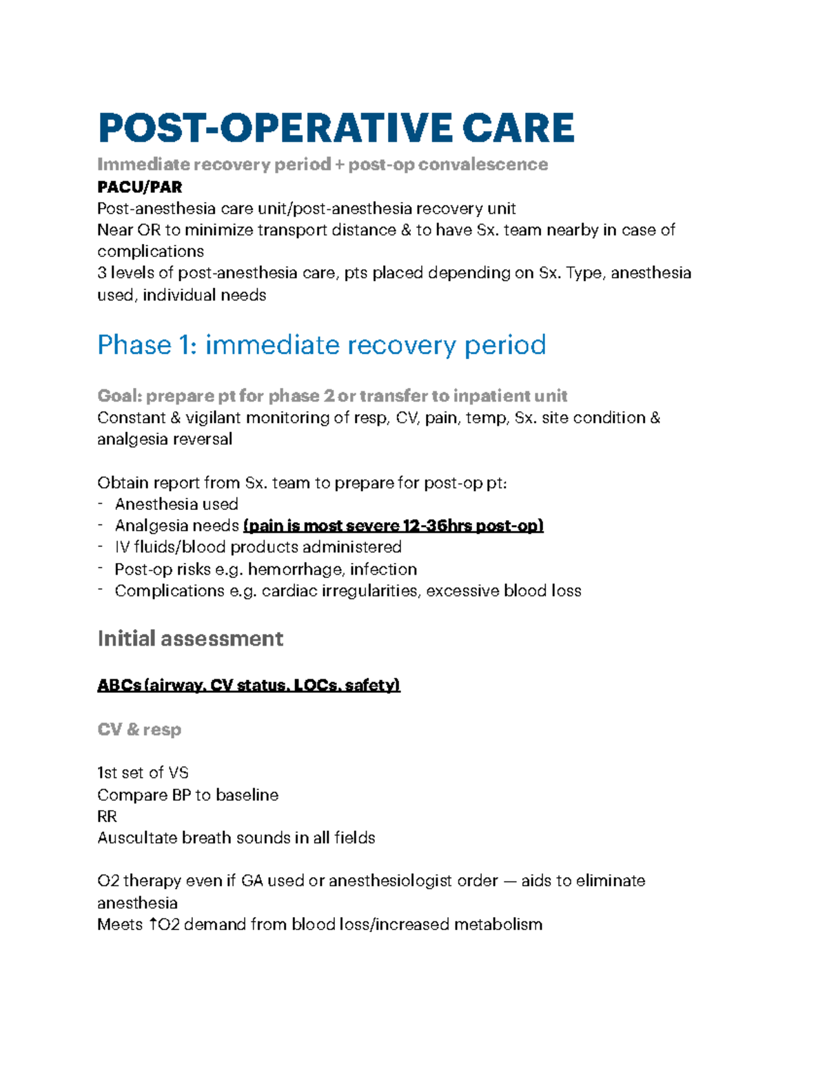 Module 3 - POST-OPERATIVE CARE Immediate recovery period + post-op ...