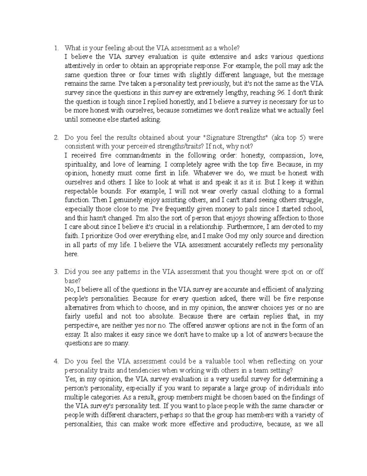 The VIA assessment 1 - survey example task. - What is your feeling ...