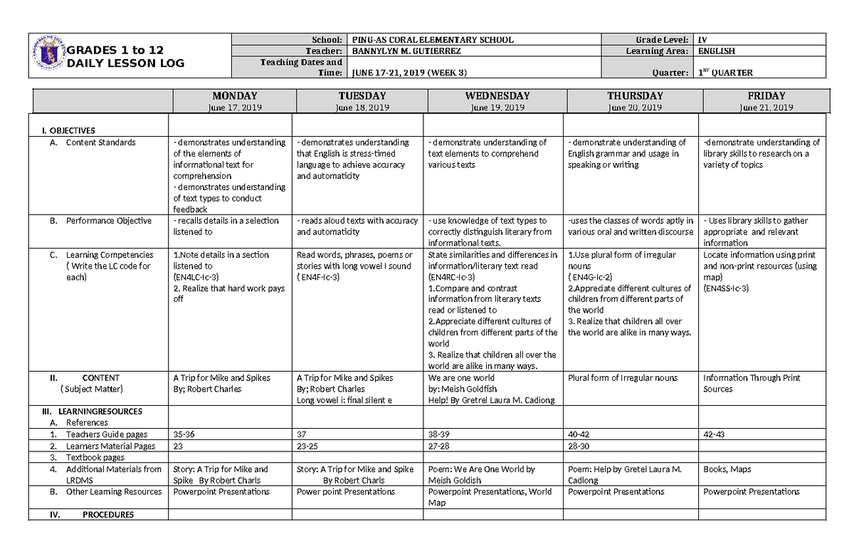 DLL English 4 Q1 W3 - daily lesson plan - GRADES 1 to 12 DAILY LESSON LOG School: PING-AS CORAL ...