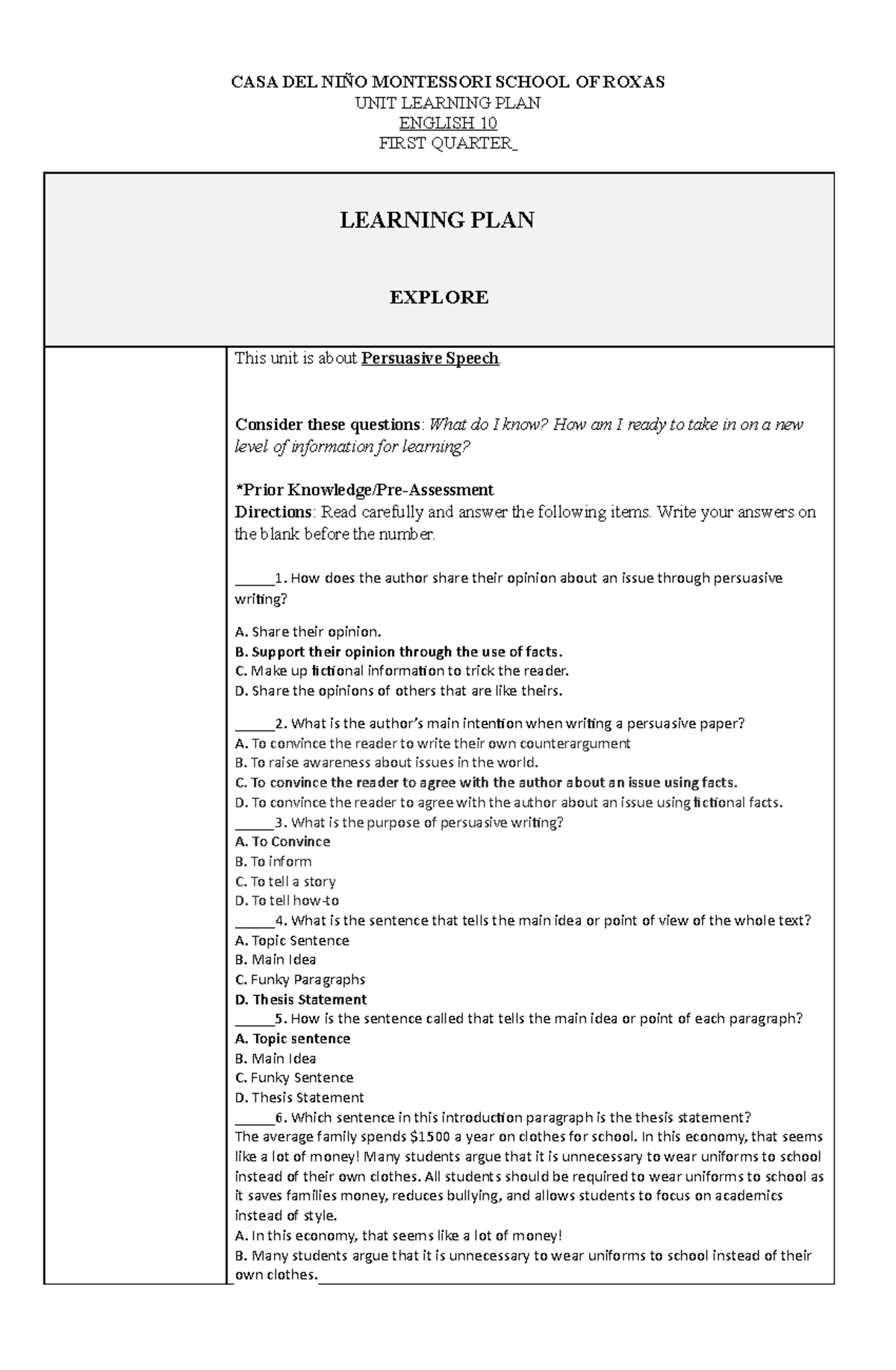 English 10 1st ULP - Engllish Lesson Plan - CASA DEL NIÑO MONTESSORI ...