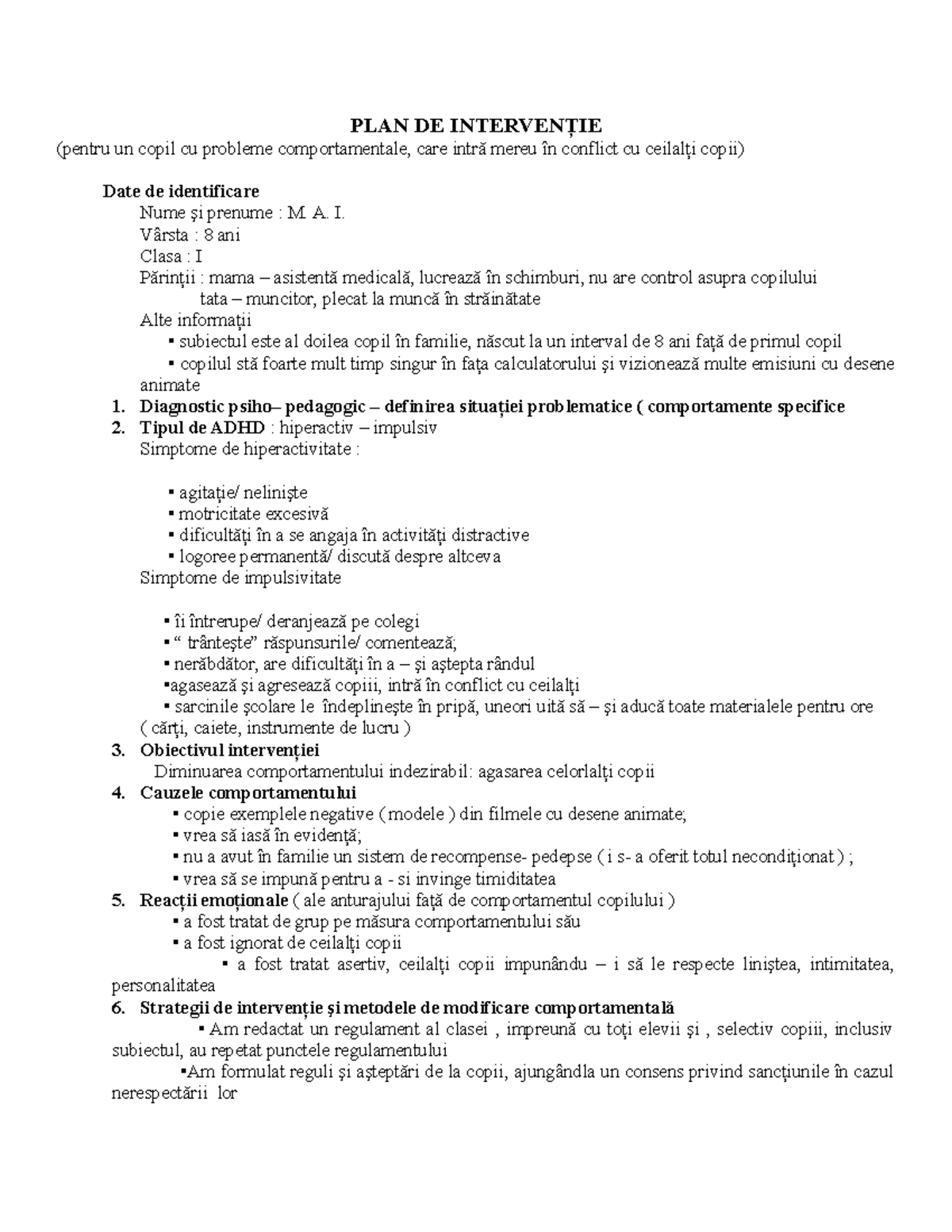 Model plan de interventie - PLAN DE INTERVENŢIE (pentru un copil cu ...