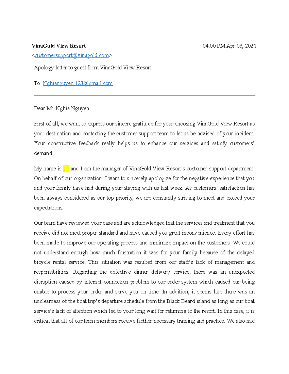 Negative message - Apology letter - VinaGold View Resort ...