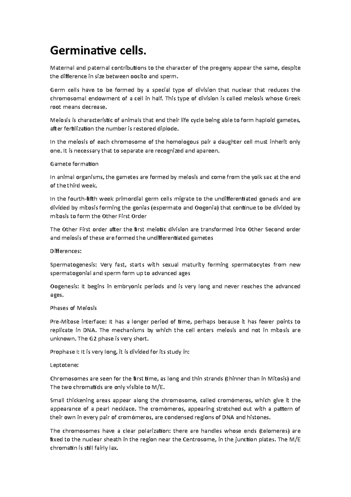 Germinative cells - Lecture notes 1 - Germinative cells. Maternal and ...