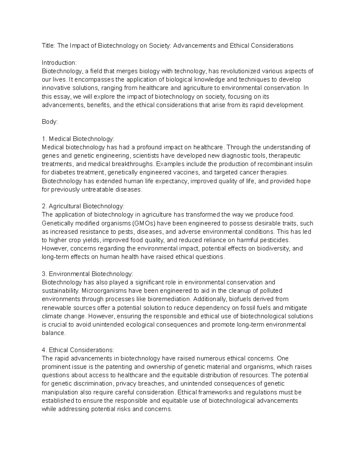 Title The Impact of Biotechnology on Society Advancements and Ethical ...