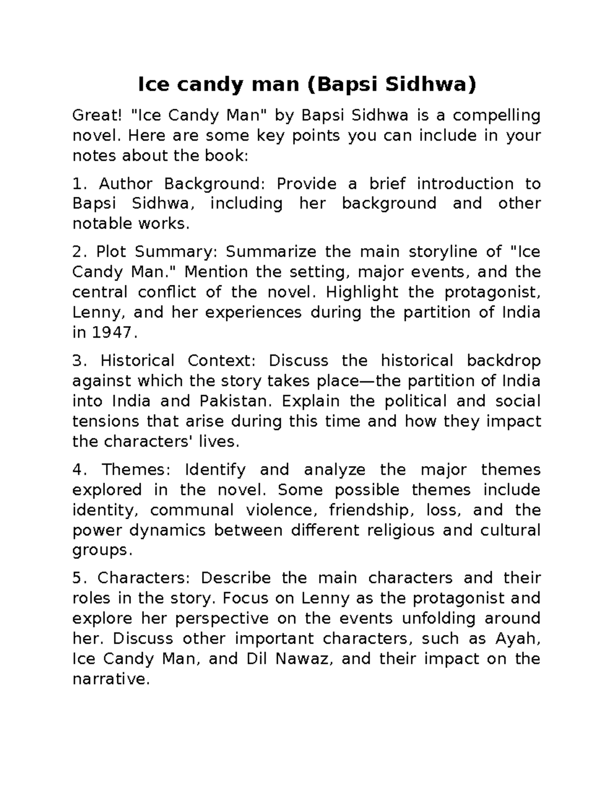 Ice Candy Man - this is a full notes - Ice candy man (Bapsi Sidhwa ...