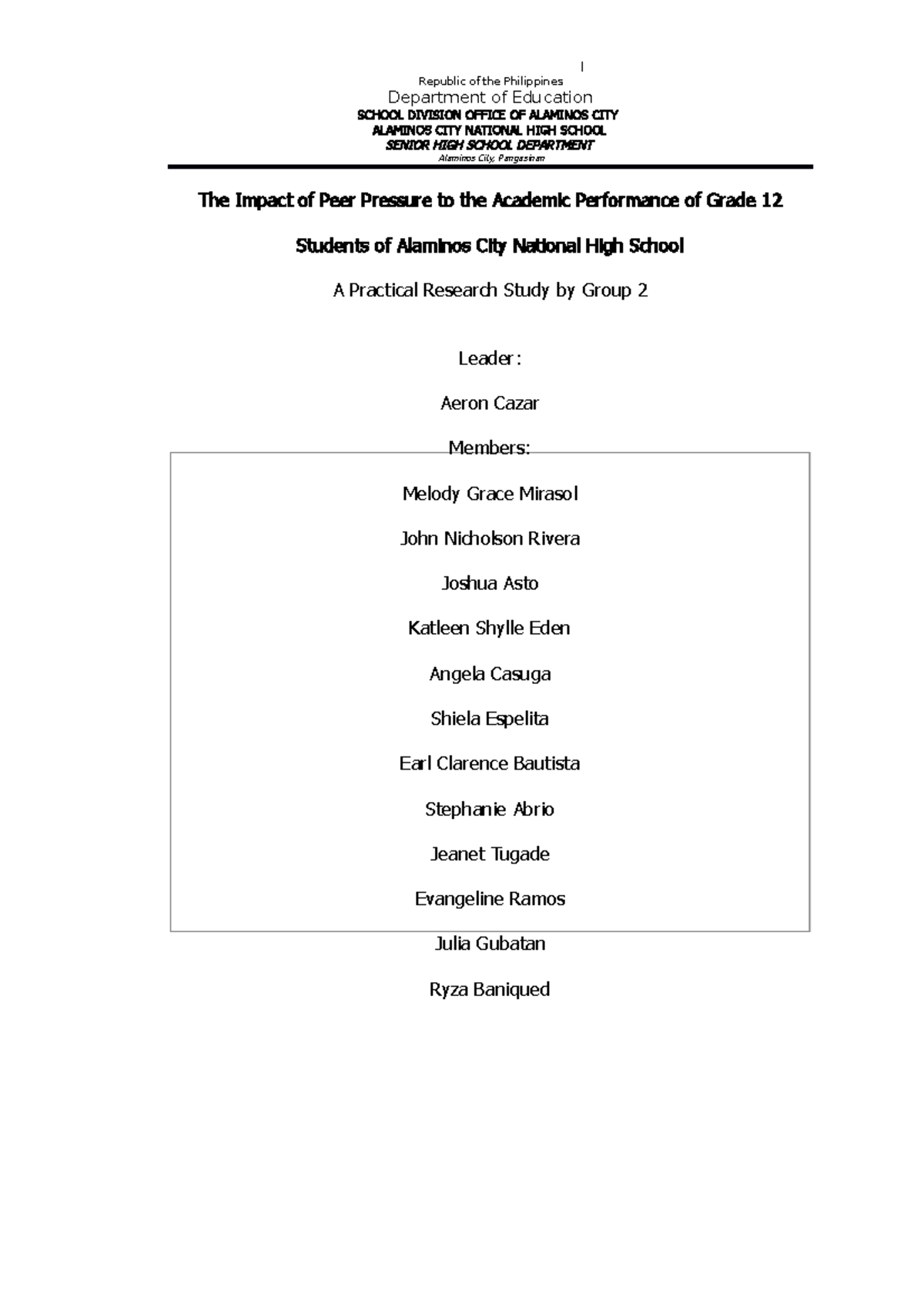 PR Final Output - research study peer pressure - Republic of the ...