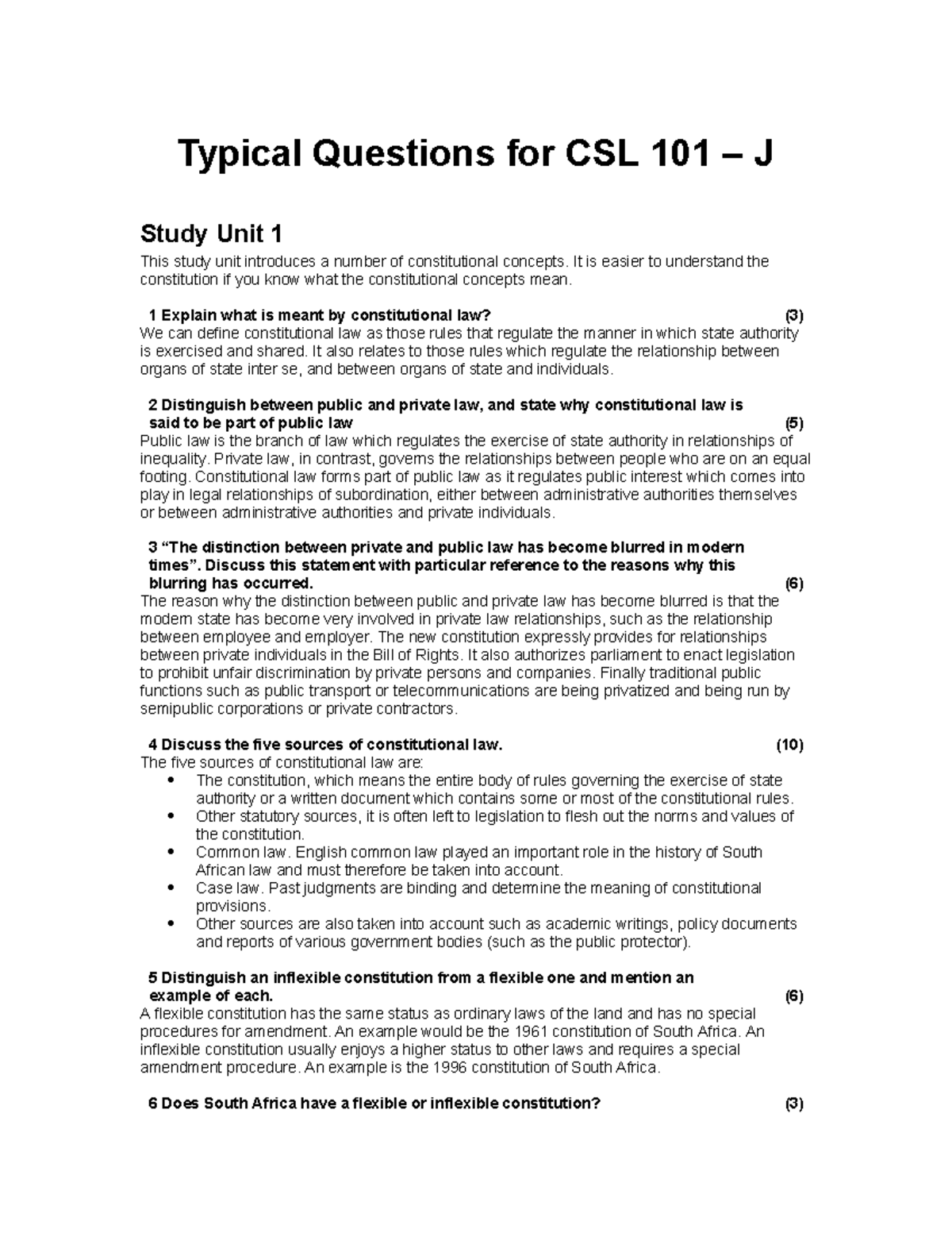 Constitutional law questions and answers 1 - Typical Questions for CSL ...