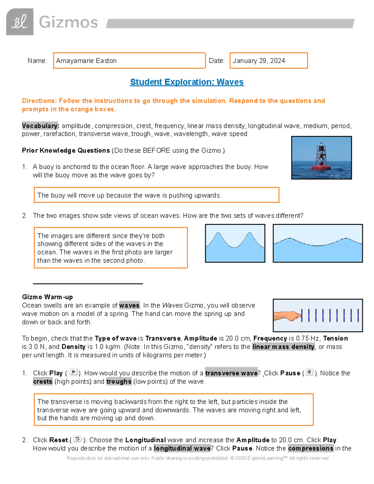 Waves Student Exploration Sheet - Name: Amayamarie Easton Date: January ...