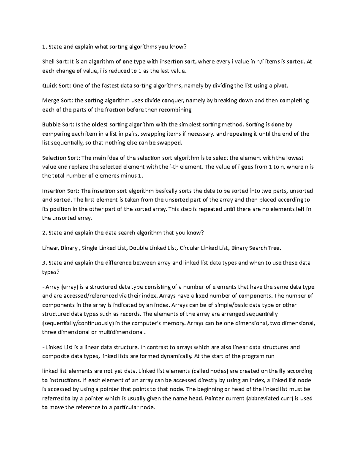 Array A Structured Data Type Consisting State And Explain What Sorting Algorithms You Know